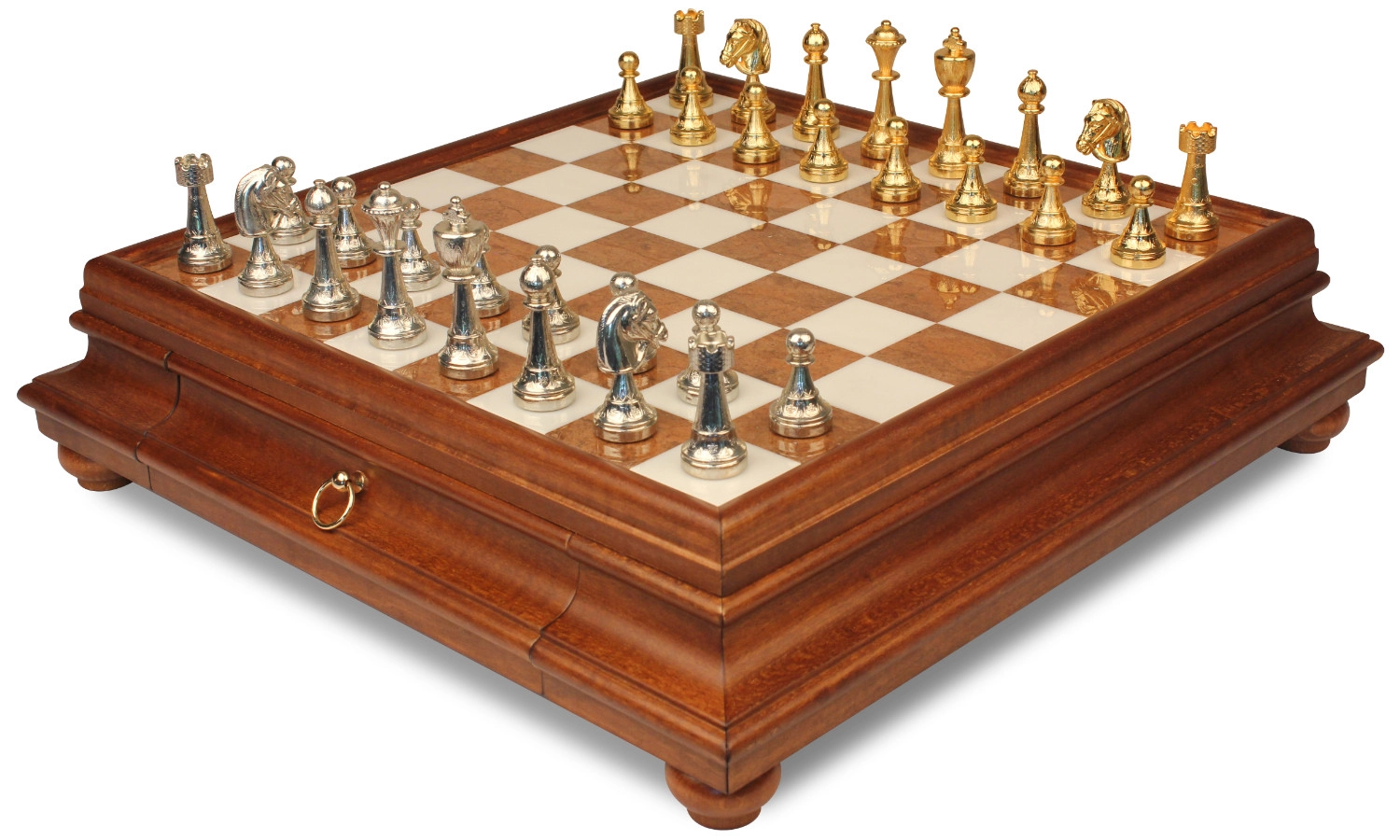 Italian Arabesque Staunton Gold & Silver Chess Set with Alabaster Chess ...