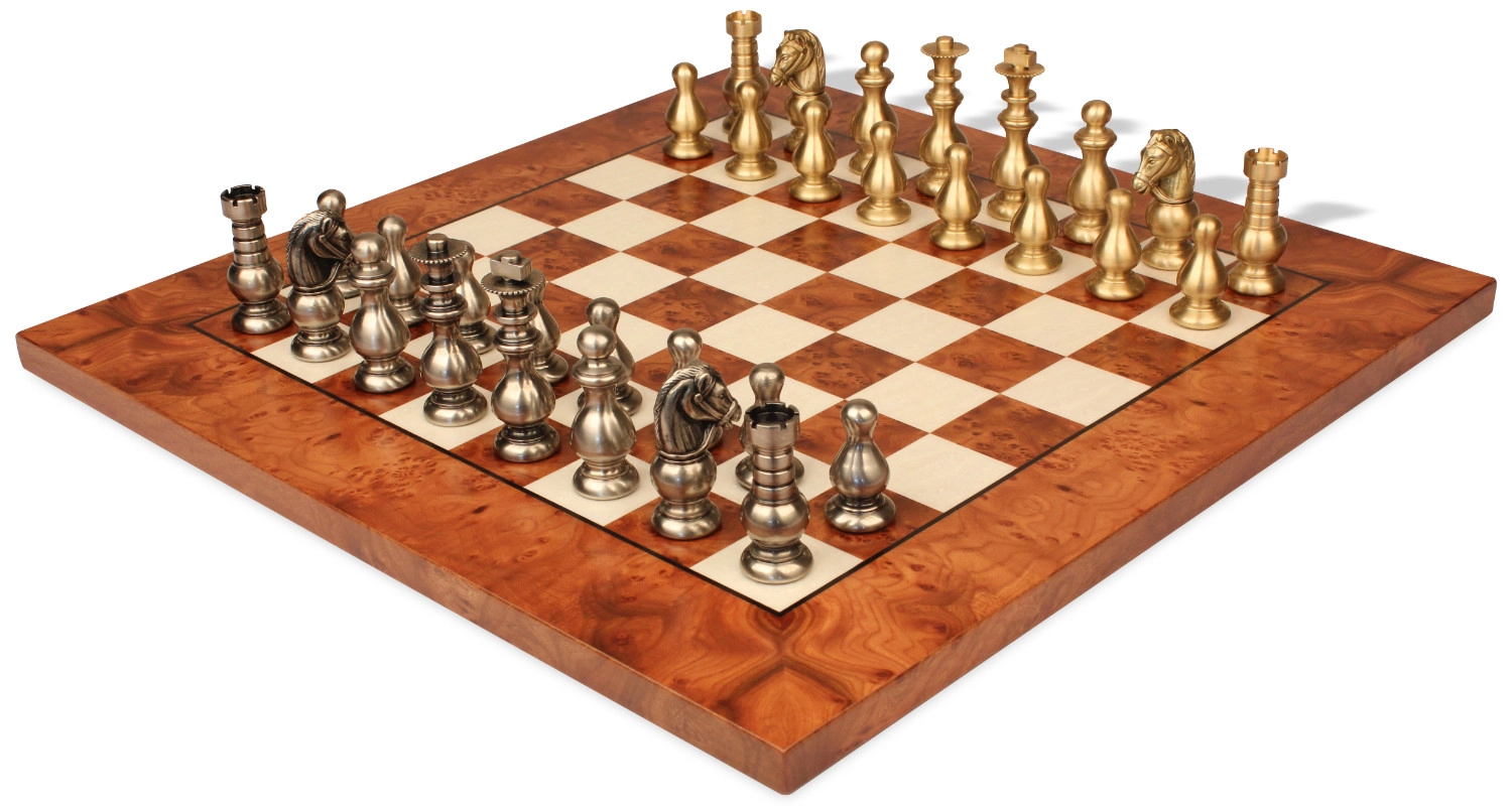Classic French Staunton Brass Chess Set with Elm Burl Chess Board | The ...
