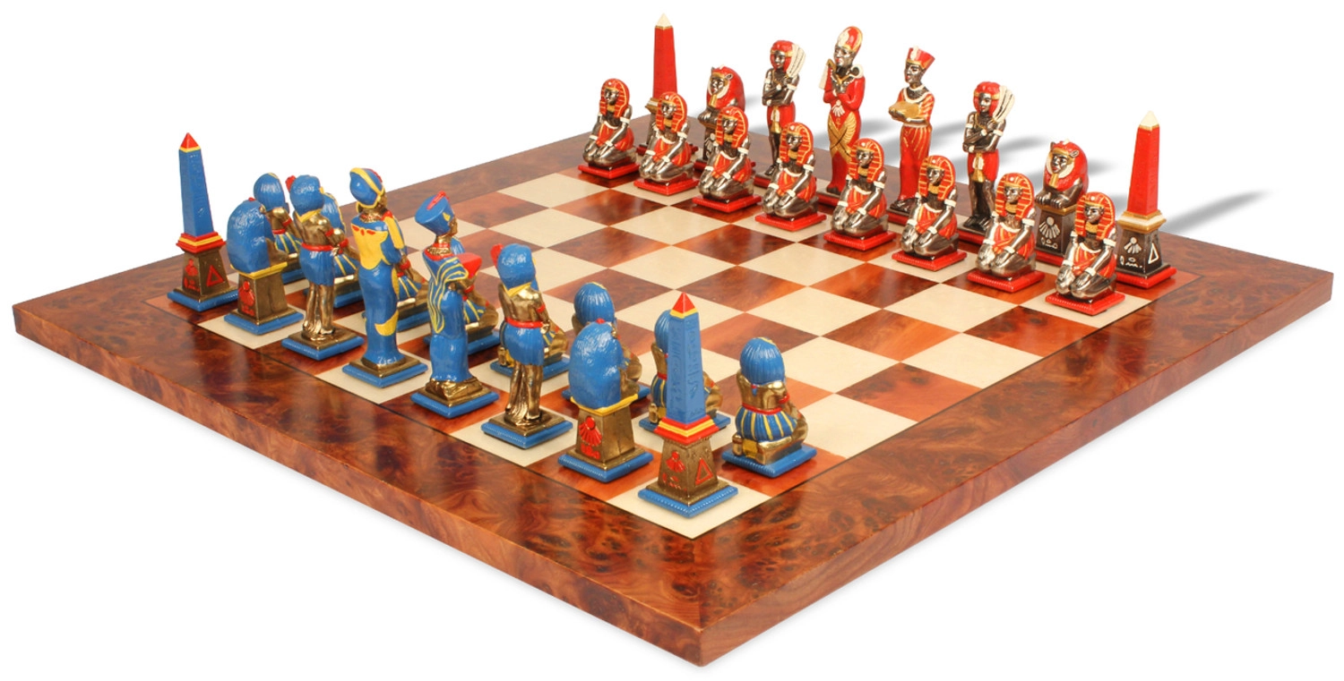 Large Egyptian Theme Hand Pained Metal Chess Set with Elm Burl Chess ...