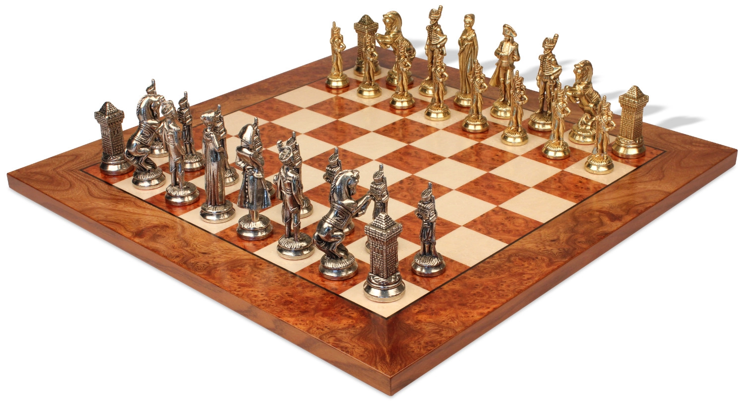 Large Napoleon Metal Chess Set with Elm Burl Chess Board | The Puzzle Aisle