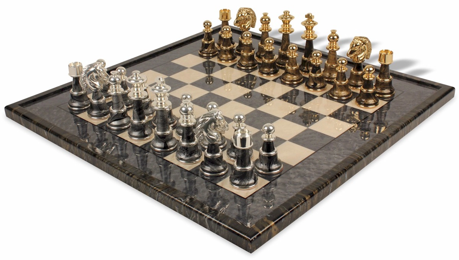 Large Classic Staunton Variegated Gold & Silver Chess Set with Gray ...