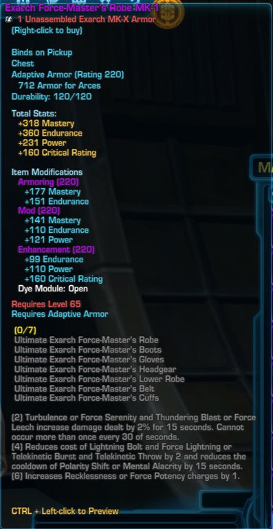 SWTOR Exarch Force-Master / Force-Mystic / Stalker / Survivor MK-1 Armor