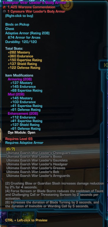 SWTOR Exemplar Vindicator / War Leader / Weapon Master Armor